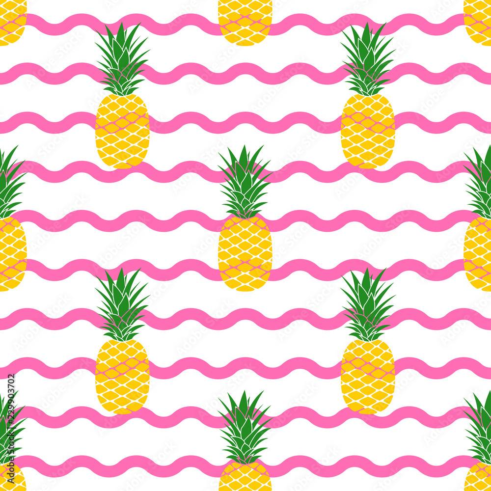 Pineapple seamless pattern with wavy lines. Tropical fruit background ...