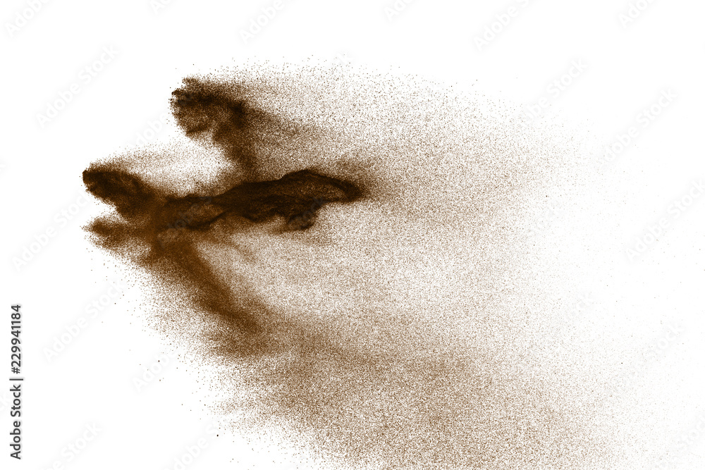 Brown particles splattered on white background. Brown dust splashing ...