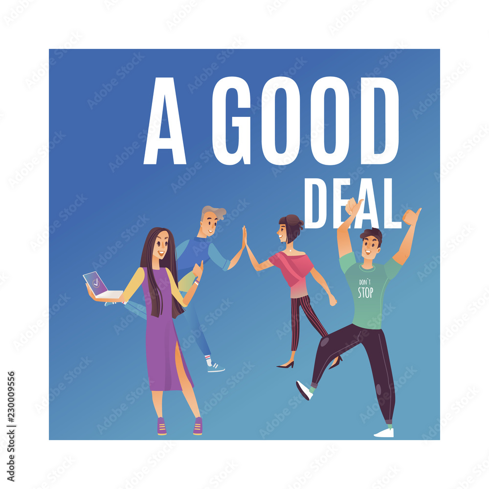 Vector colleagues celebrating successful deal, collaboration giving ...