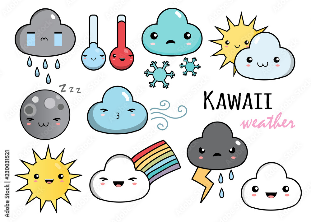Kawaii weather forecast icons. Cute vector set. All elements are ...