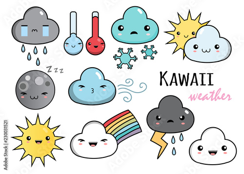 Kawaii weather forecast icons. Cute vector set. All elements are ...