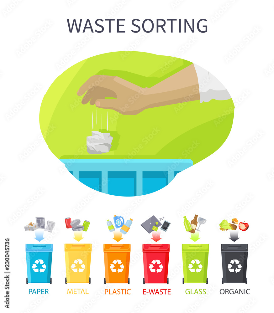 Waste Sorting Poster and Bins Vector Illustration Stock Vector | Adobe ...