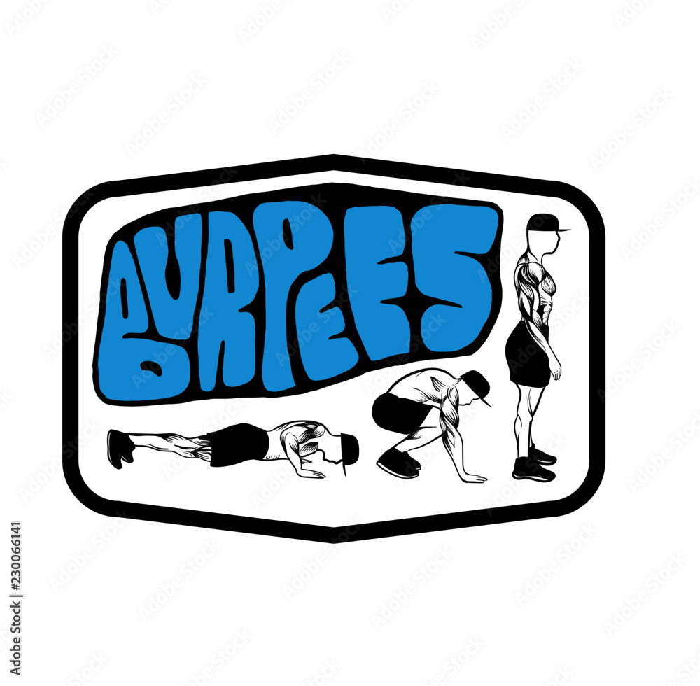 burpees, push ups, training exercises illustration with typography ...