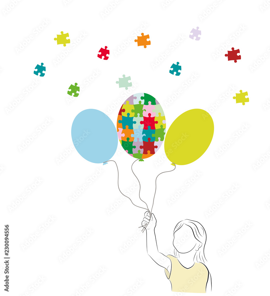 World Autism Day. Сolorful balloon made of puzzle pieces. Girl holding ...