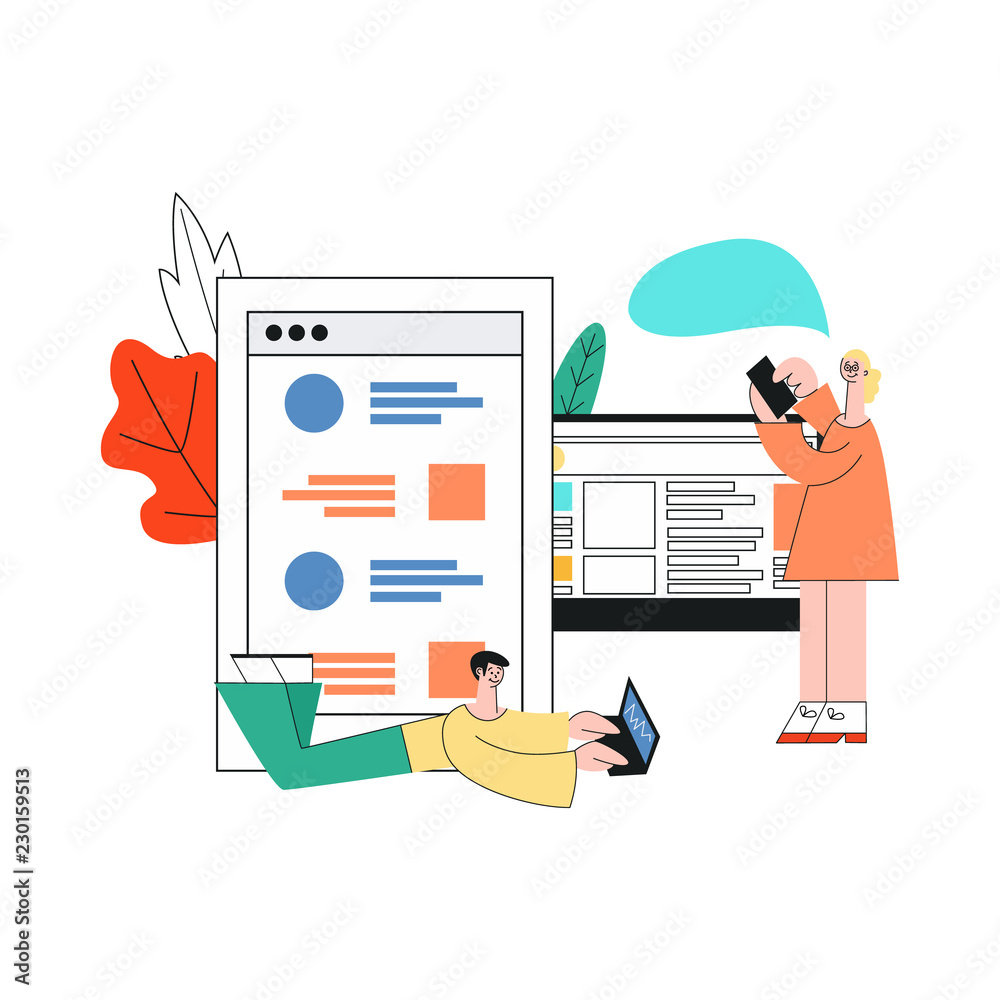 Vector mobile application development concept with young girl, woman ...