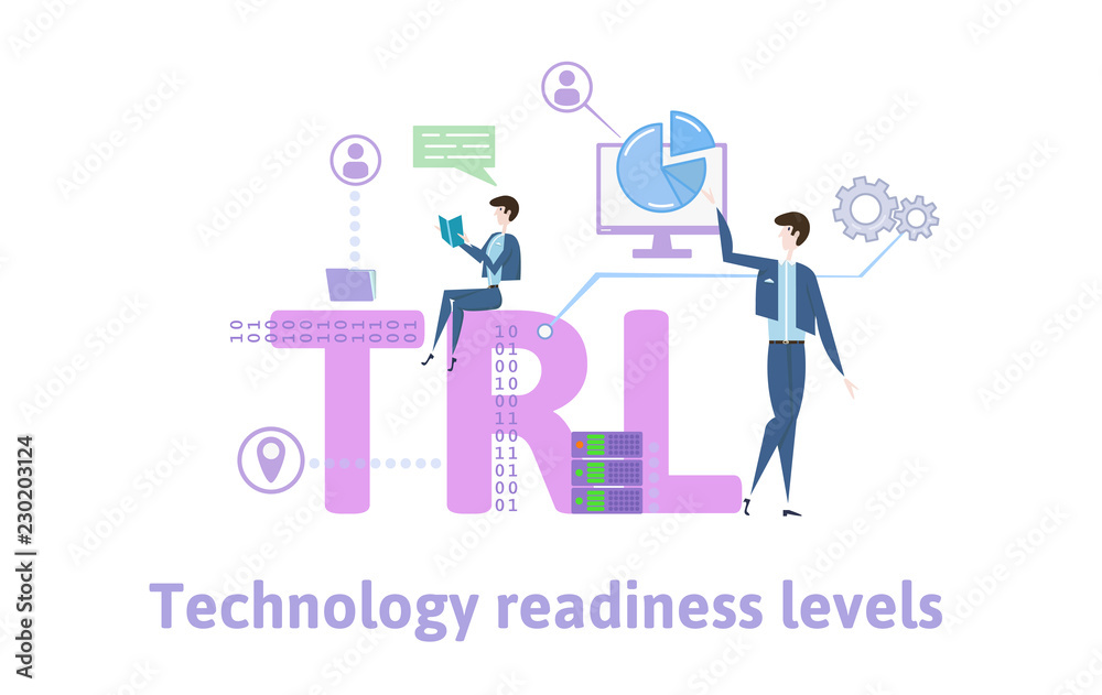 TRL, Technology readiness levels. Concept with keywords, letters and ...