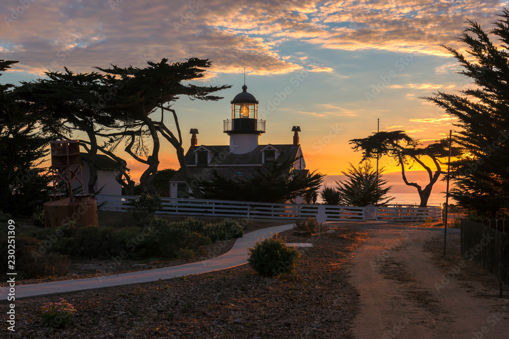 Lighthouse at sunset. Point Pinos lighthouse in Pacific Grove, Monterey ...
