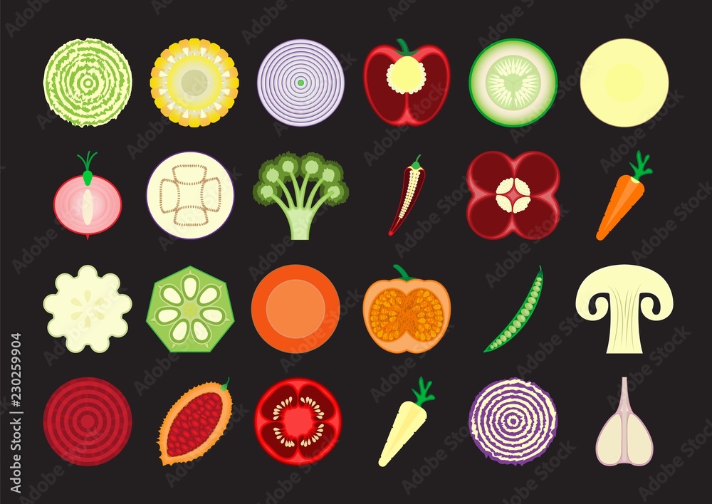 Set vegetables. Colorful vegetables cut in half, isolated, cabbage ...