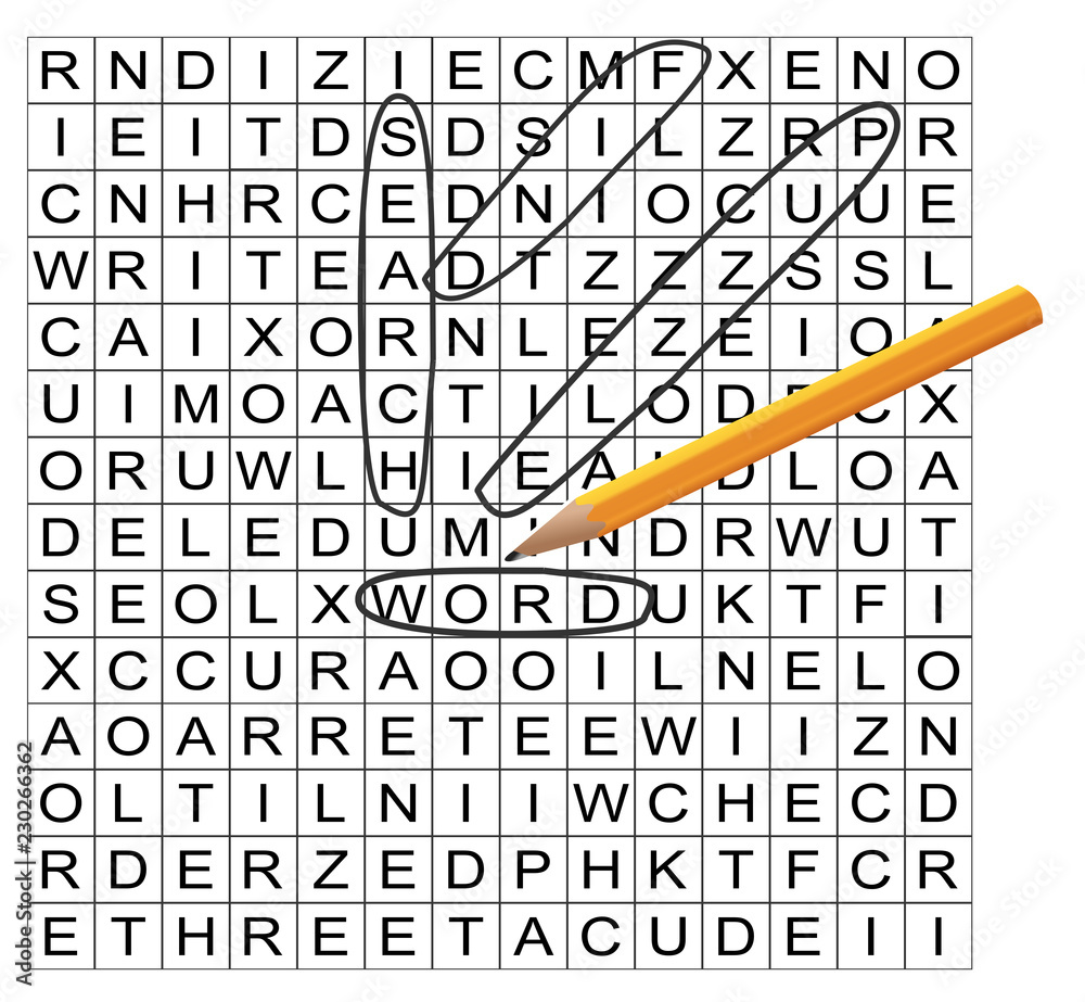 Vector illustration of a word search puzzle grid part completed with ...