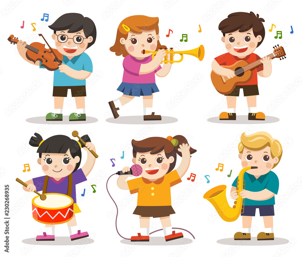 Set Illustration of Kids Playing Musical instruments. Hobbies and ...