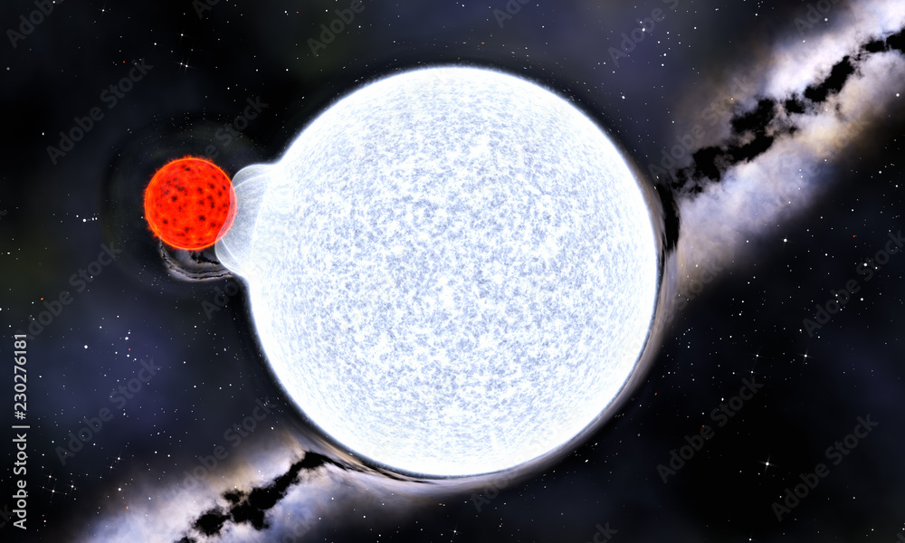 binary star system with red dwarf and blue giant and gravitational ...
