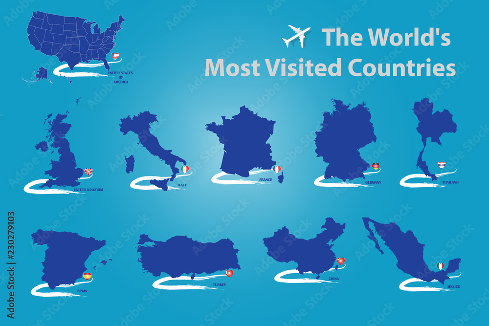 Silhouettes of empty maps of the 10 most visited countries in the world ...