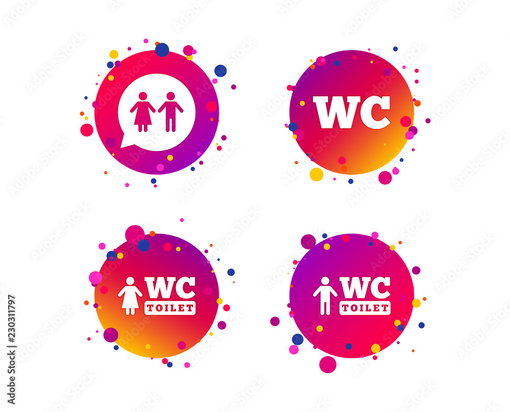 WC Toilet icons. Gents and ladies room signs. Man and woman speech bubble symbol. Gradient ...