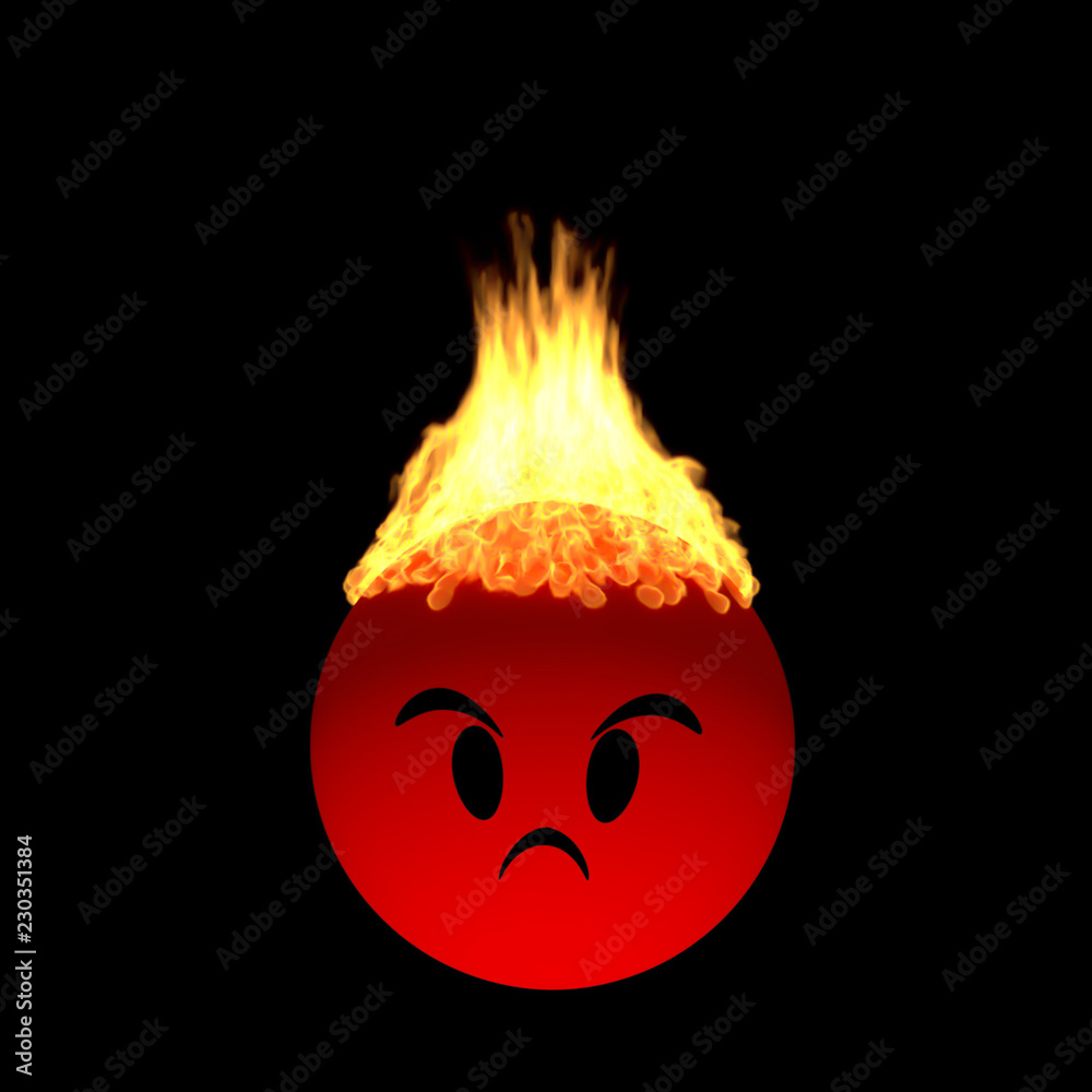 Angry red emoticon face with fire on head on black background Stock ...