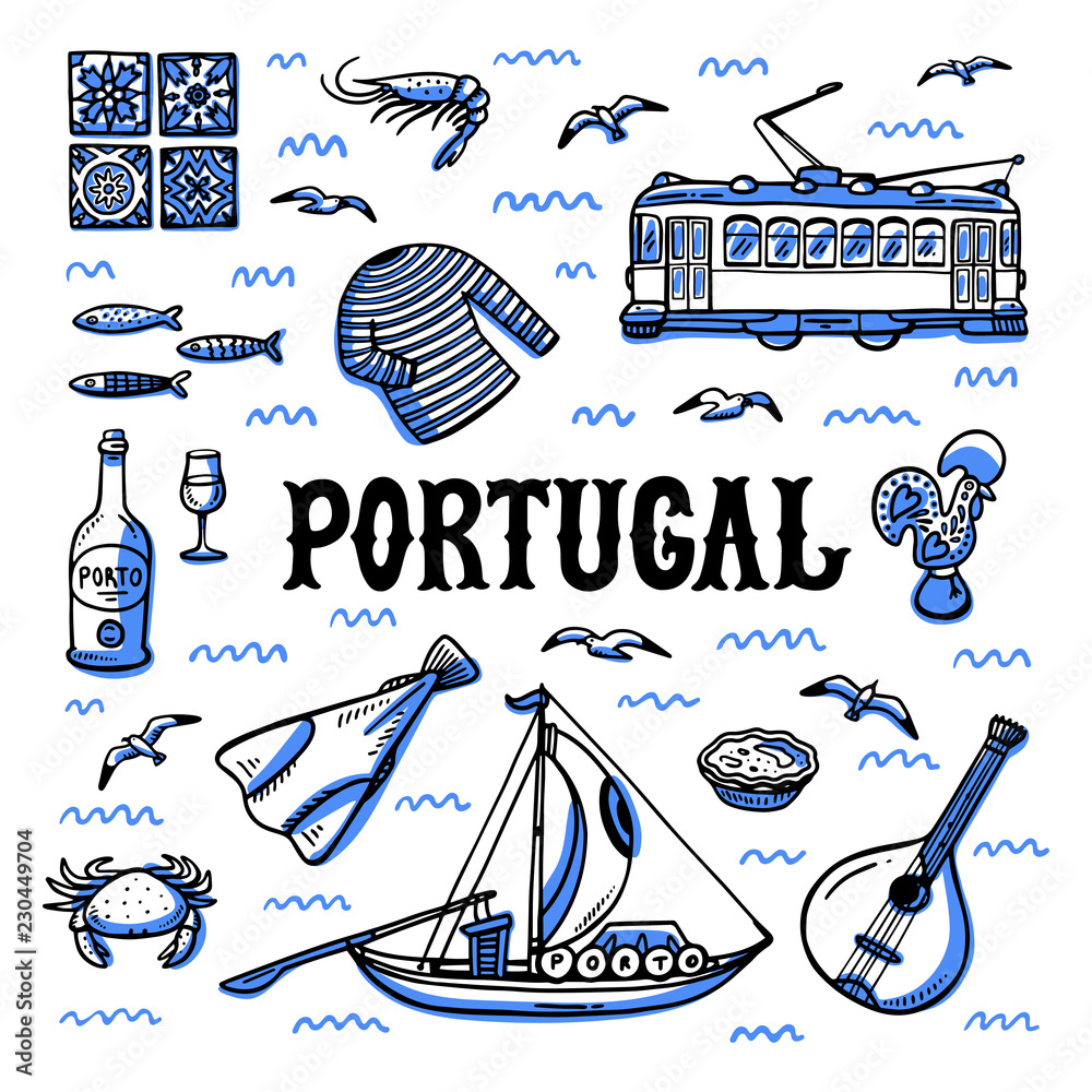 Portugal landmarks set. Handdrawn sketch style vector illustration ...