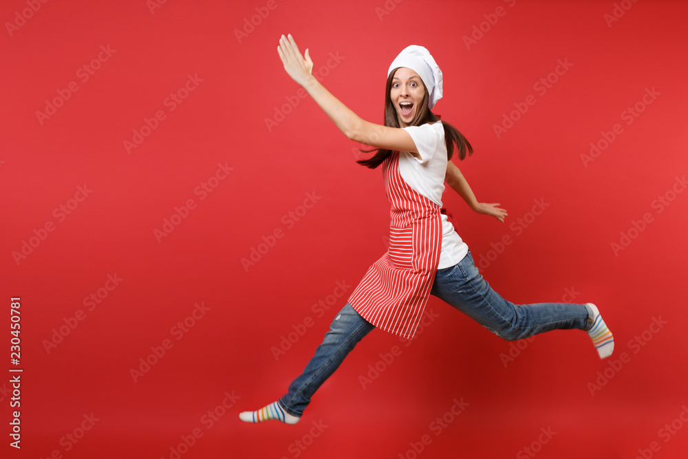 Housewife female chef cook or baker in striped apron white t-shirt ...