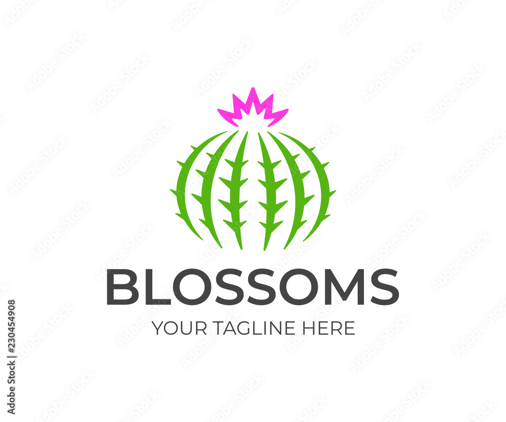 Round cactus with flower logo design. Green cactus with sharp thorns ...
