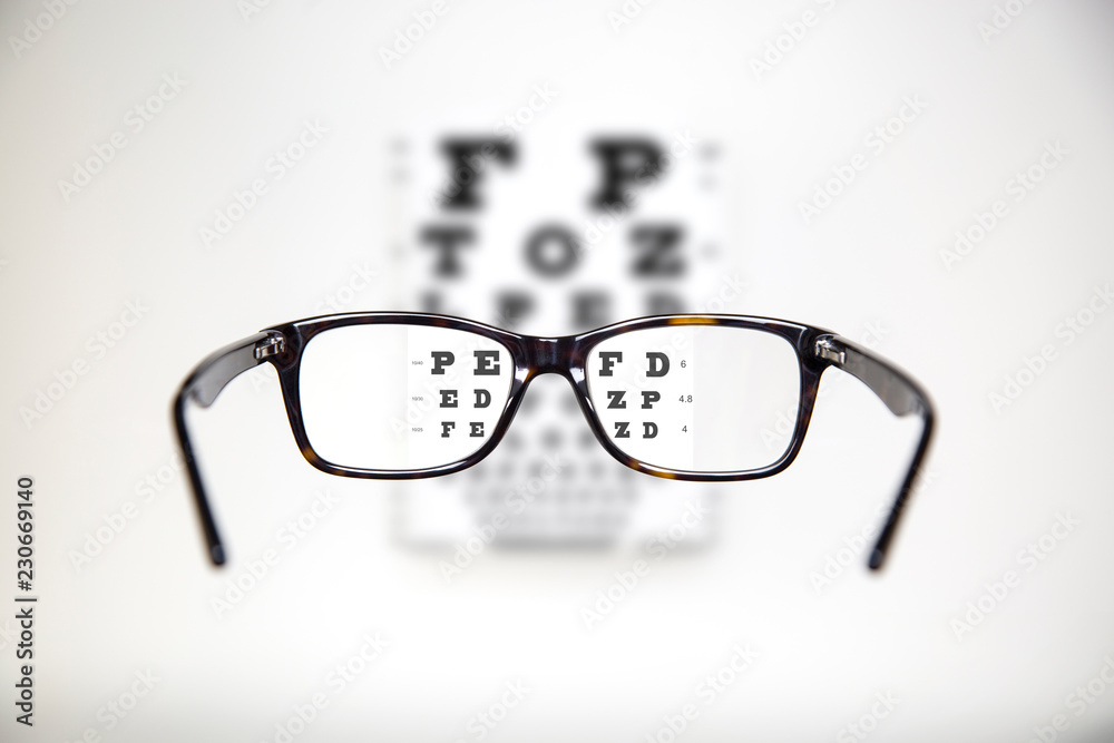 Eyeglasses during optometric examination / Exam view with optometric ...