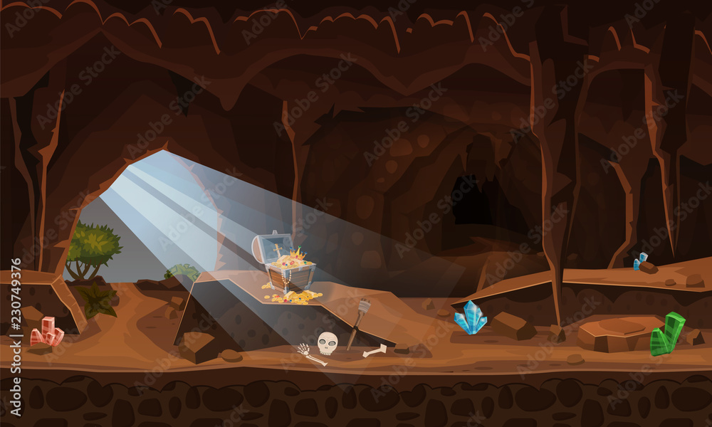 Treasure cave with chest gold coins, gems. Concept, art for computer ...