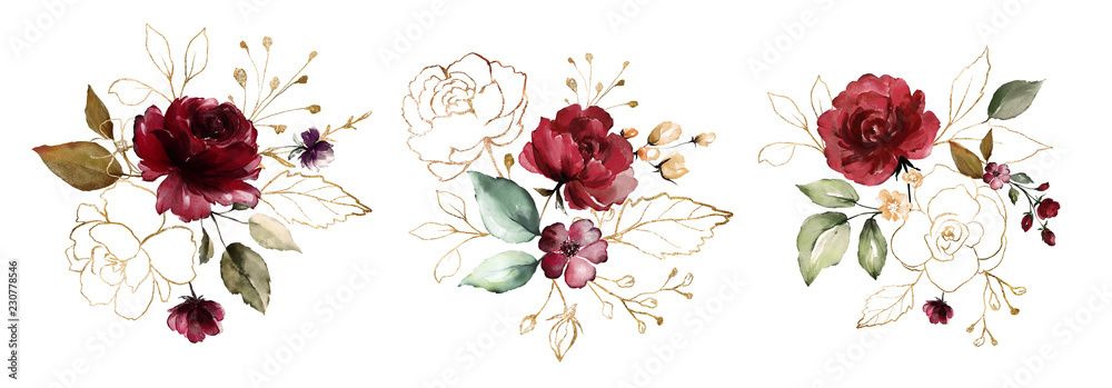 watercolor burgundy flowers. floral illustration, Leaf and buds ...