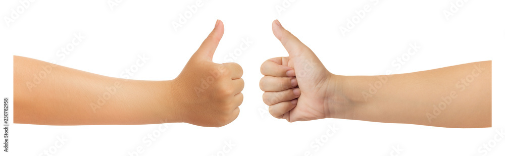 Double front and back human hand in showing one thumb up or like icon in trendy gesture isolate ...