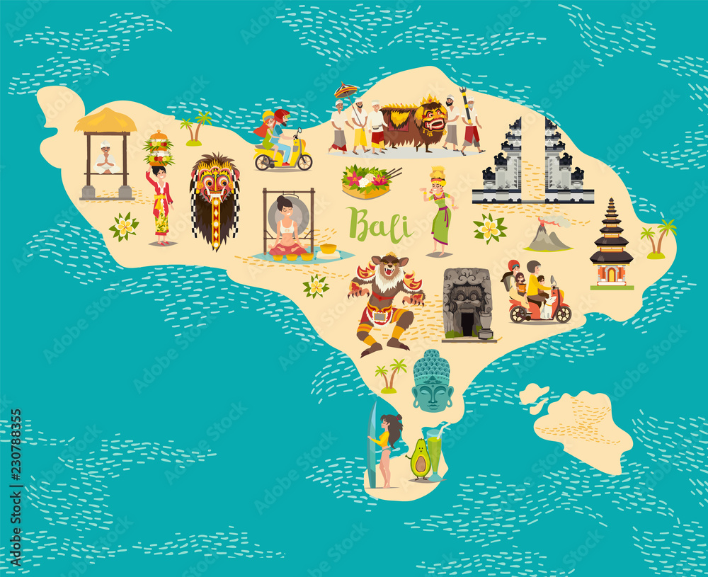 Cartoon map of Bali for kid and children. Bali landmarks vector cute ...