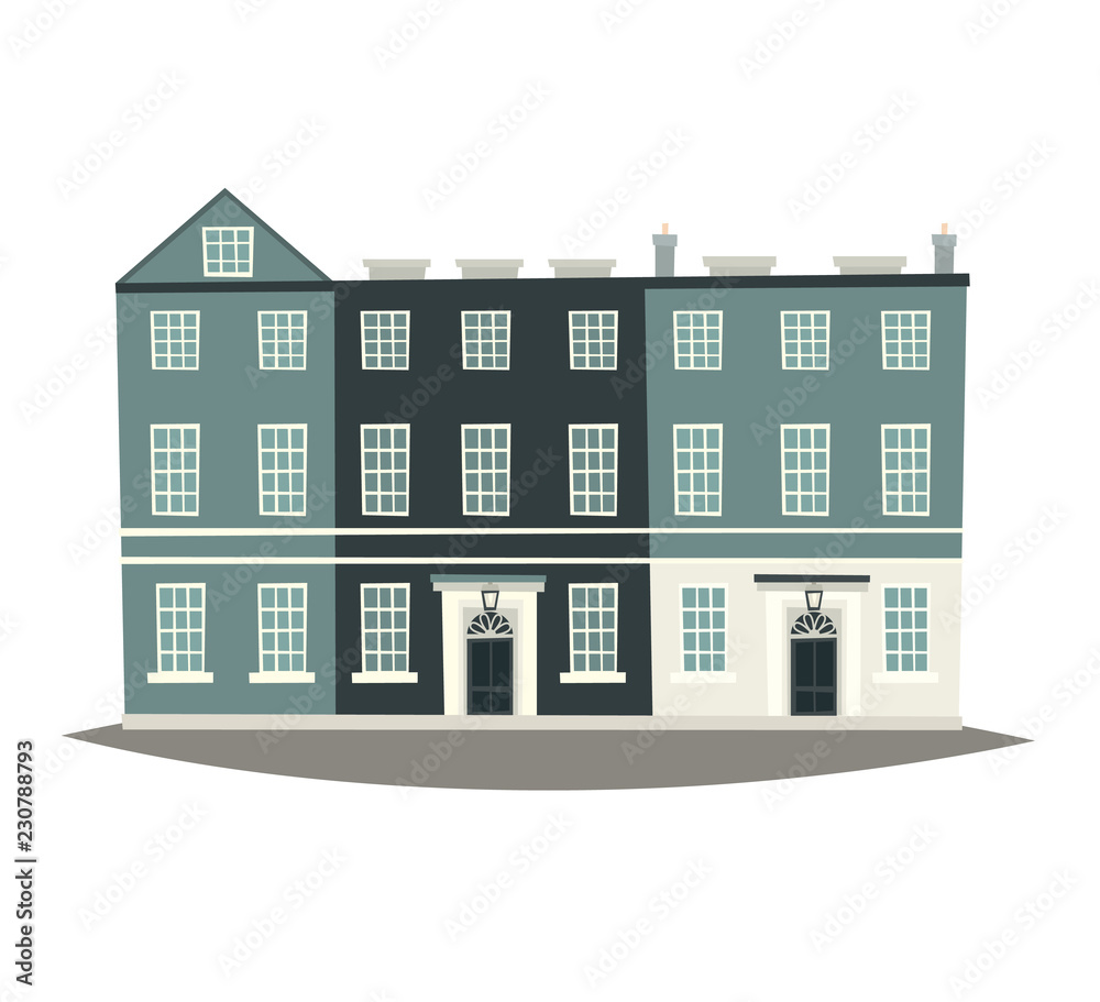London street landscape vector Illustration. Apartment buildings ...