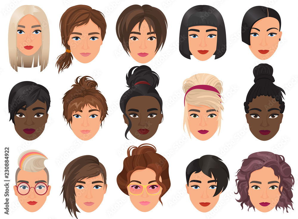 Woman realistic detailed avatar set vector illustration. Beautiful ...