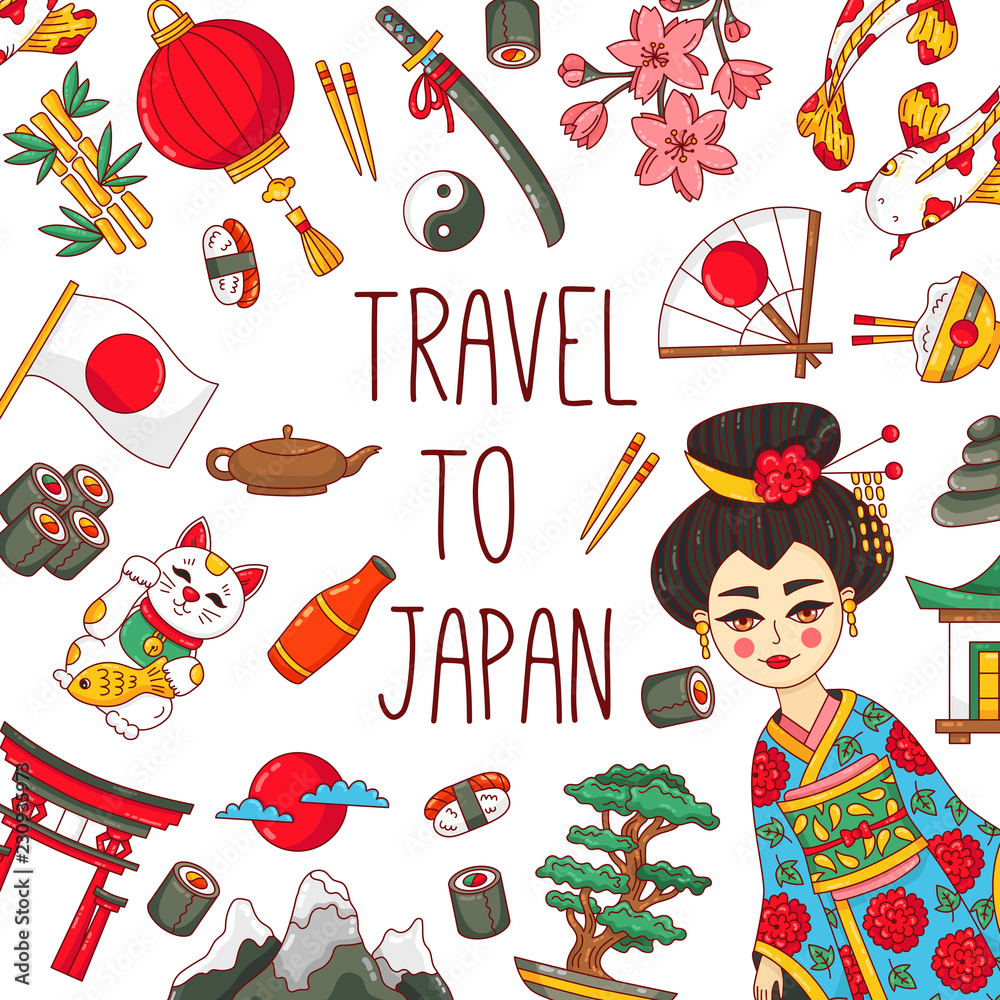 Japan doodle cartoon icons symbols vector set Stock Vector | Adobe Stock