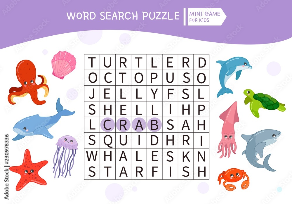 Educational game for kids. Word search puzzle with cartoon sea animals ...