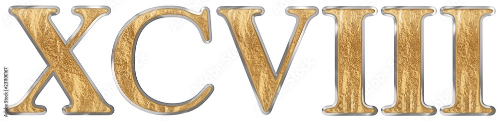 Roman numeral XCVIII, octo et nonaginta, 98, ninety eight, isolated on ...