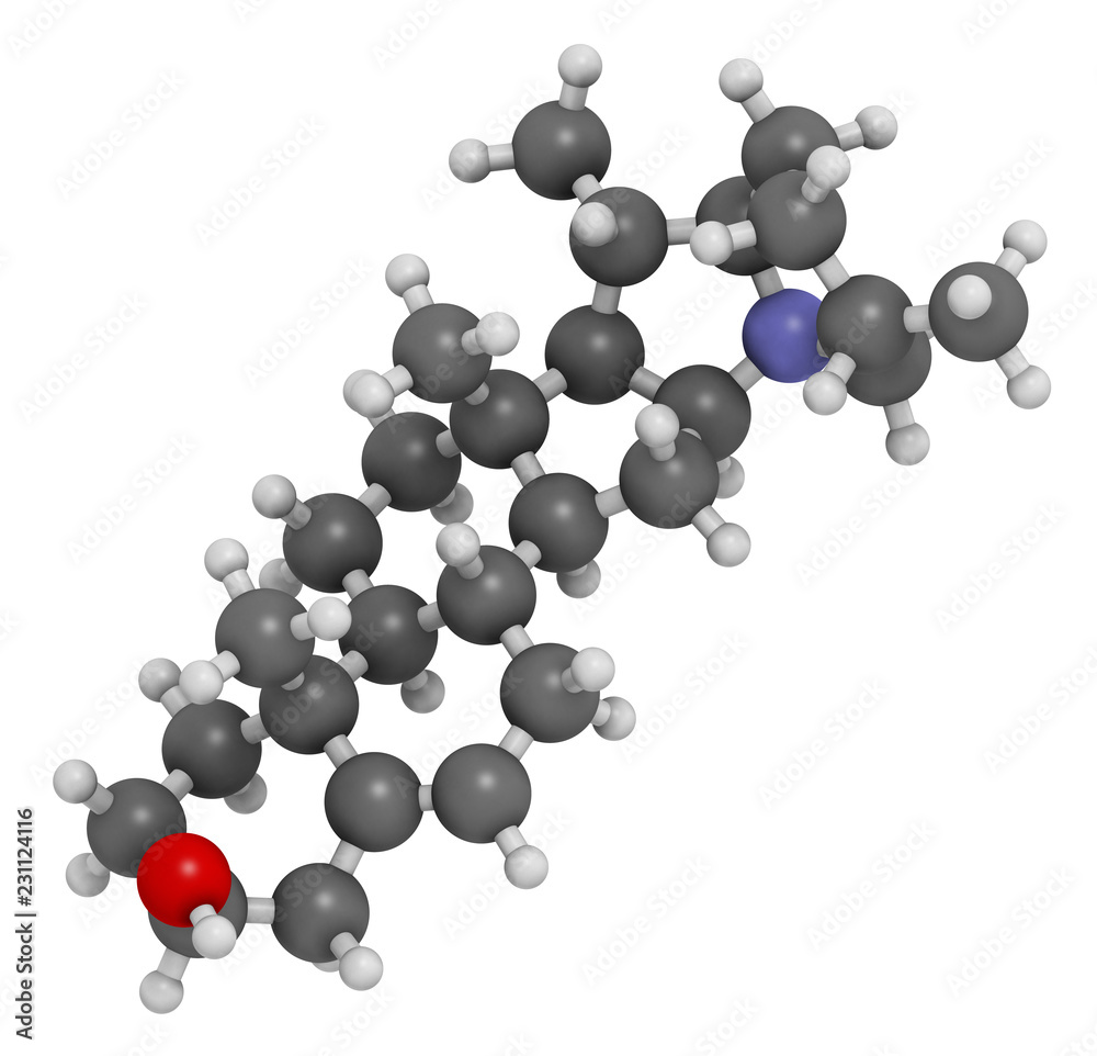 Solanidine potato toxin molecule. 3D rendering. Atoms are represented ...