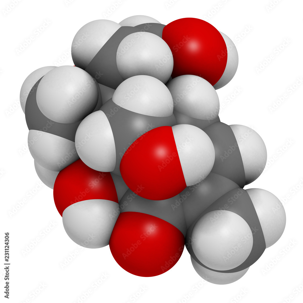 Vomitoxin (deoxynivalenol, DON) mycotoxin molecule. 3D rendering. Atoms ...