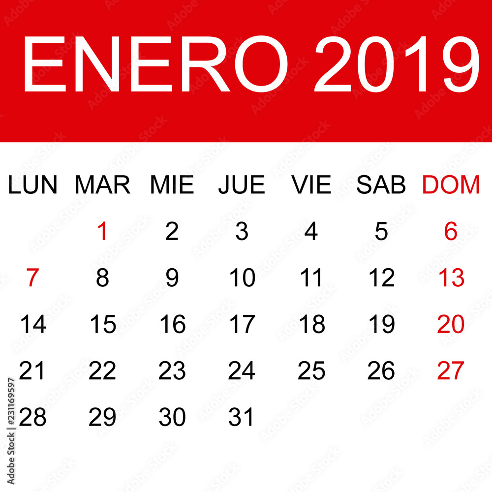 Calendario - Enero 2019 en español Stock Vector | Adobe Stock