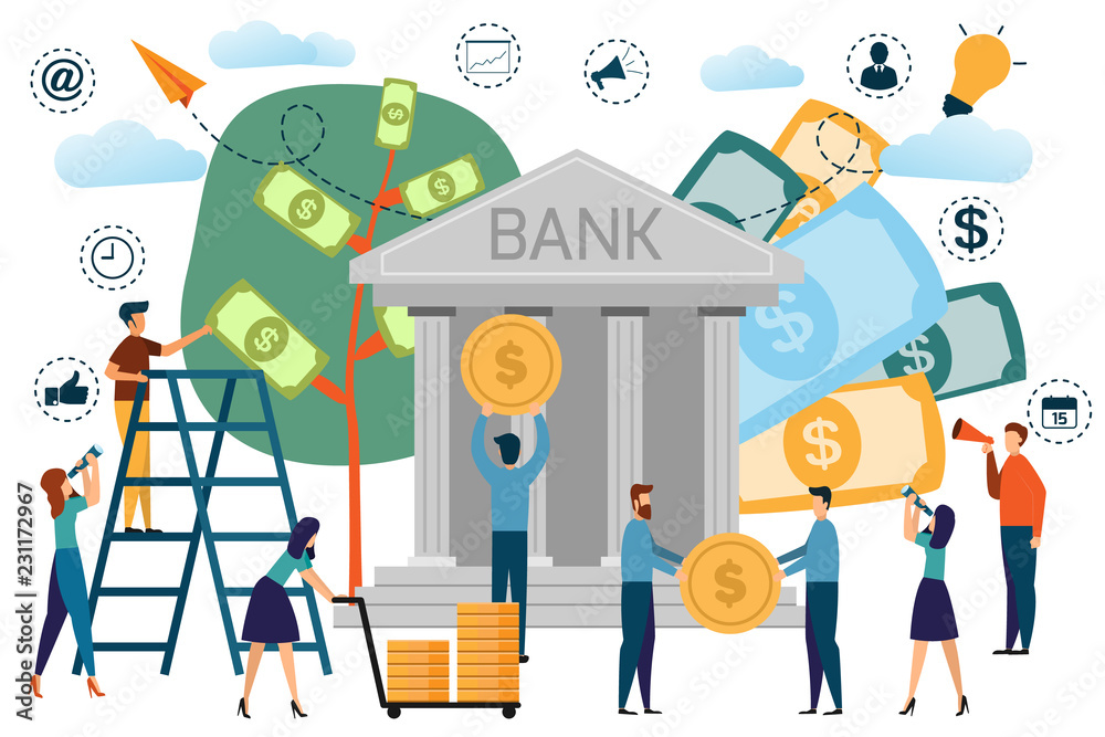 Bank building with saving concept infographics, customers and staff ...