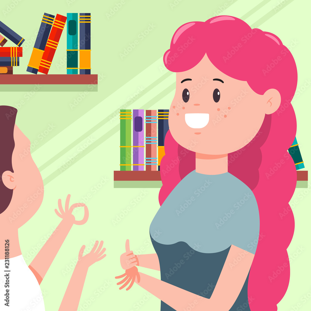 Deaf girl talking to a man sign language. Disability people vector ...