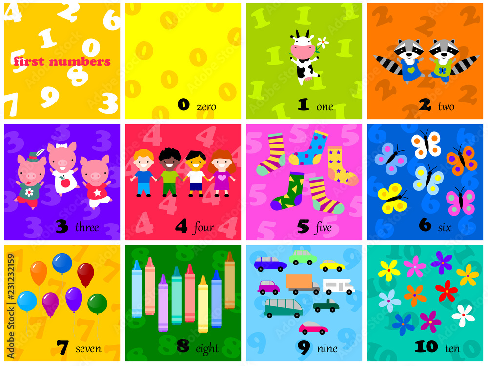 Children cards numbers for kids learning to count. Learning mathematics, numbers, addition theme ...