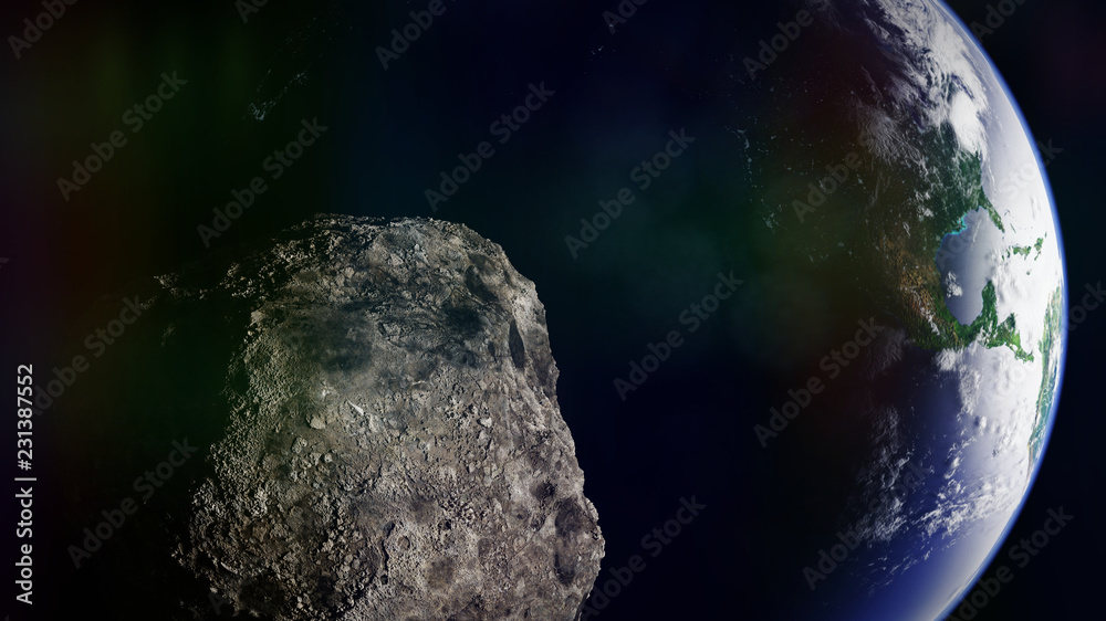 asteroid approaching planet Earth, meteorite in orbit before impact Stock Illustration | Adobe Stock