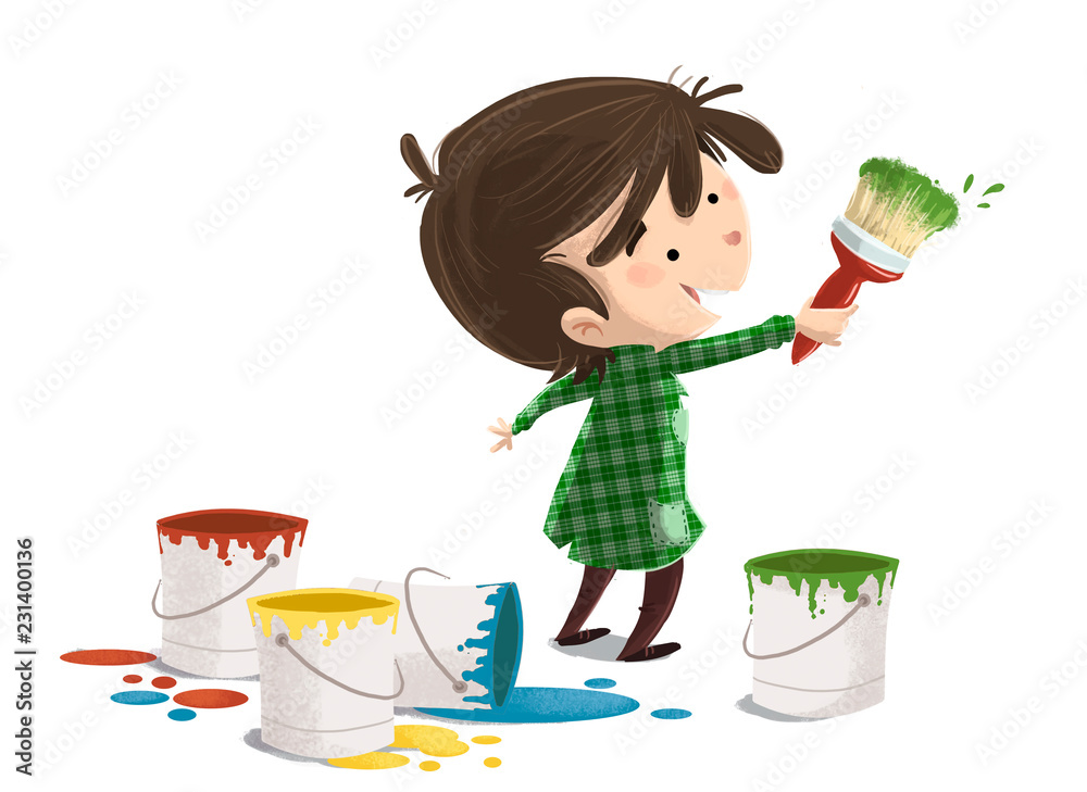 niño pintando con brocha y colores Stock Illustration | Adobe Stock