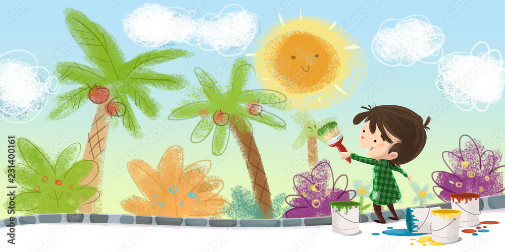 Illustration Stock niño pintando con brocha un mural | Adobe Stock