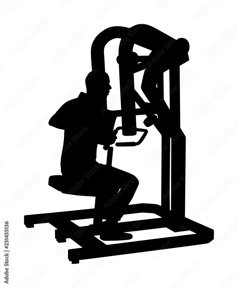 Sport man exercises in gym on fitness machine vector silhouette ...