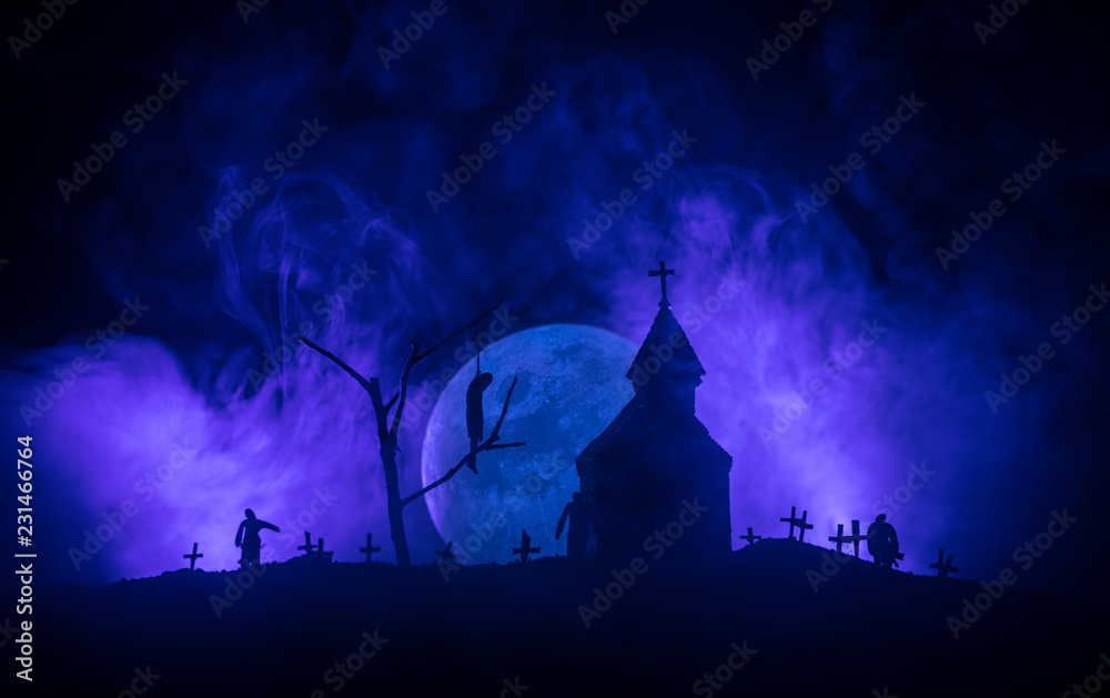 Scary view of zombies at cemetery dead tree, moon, church and spooky ...