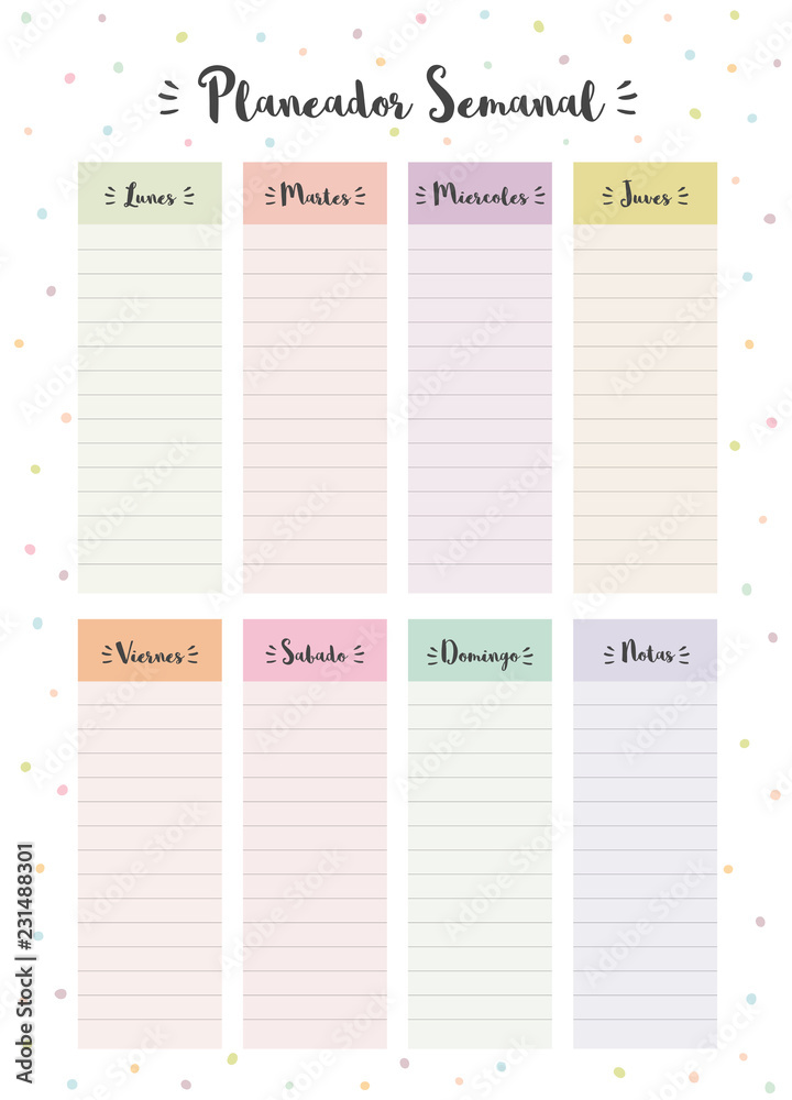Vector de Stock Simple Colorful Spanish Weekly Planner. Printable ...