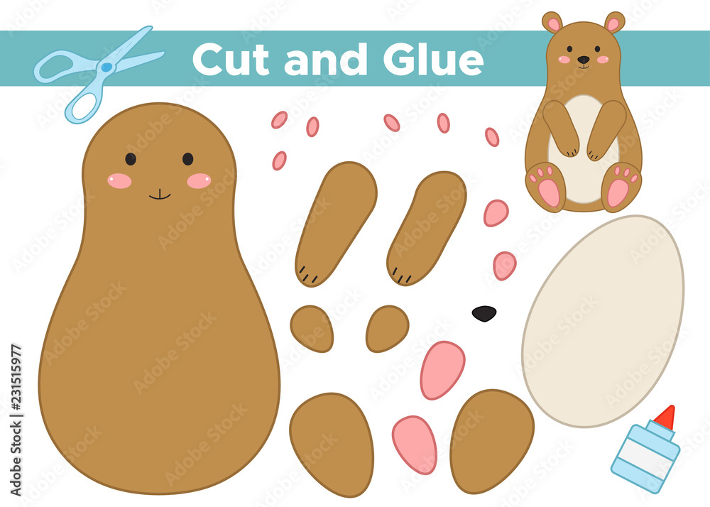 Education paper game for preschool kids. Create the applique cute bear ...