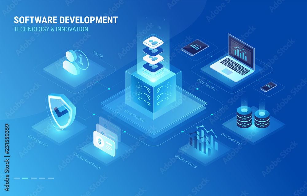 Sleek technology icons isometric futuristic infographics - Software ...