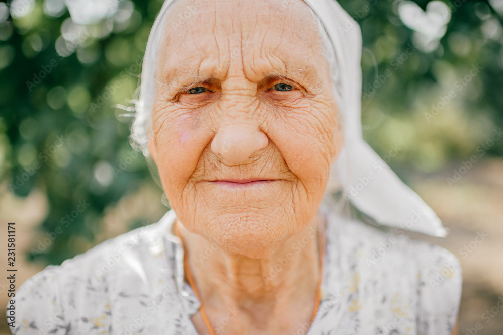 Elderly Happy Woman Outdoor Portrait Old Odd Lady With Wrinkled Skin Face Looking At Camera