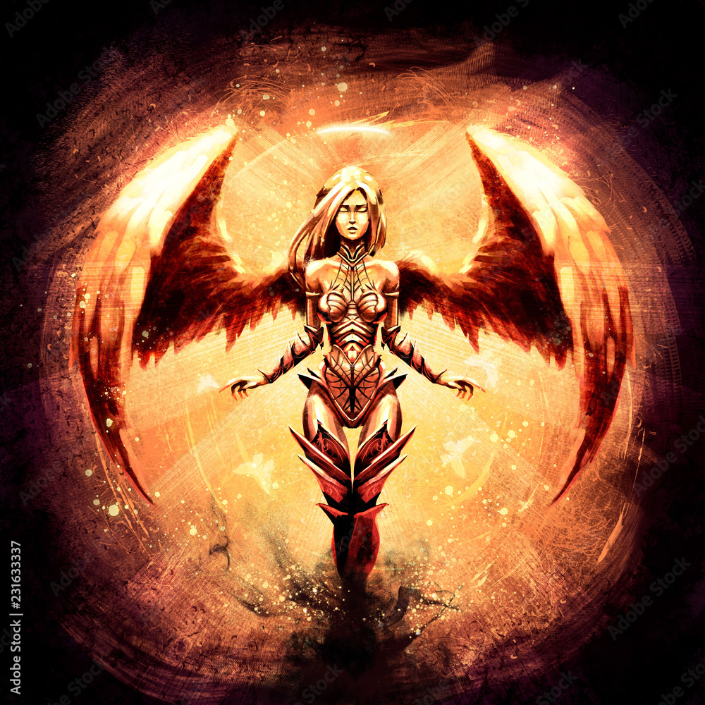 Beautiful angel girl in an orange glow Stock Illustration | Adobe Stock