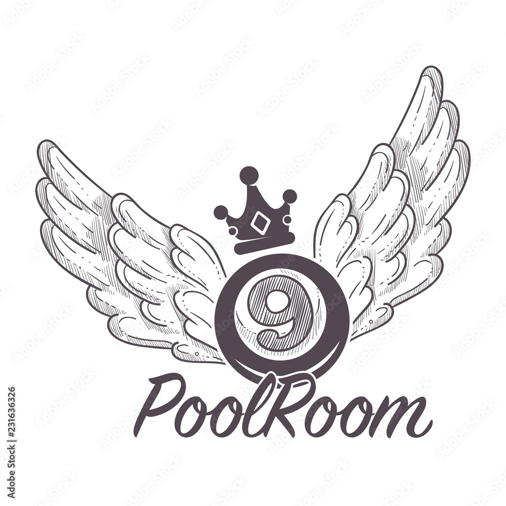 Poolroom logo with crown and wings monochrome sketch outline Stock ...