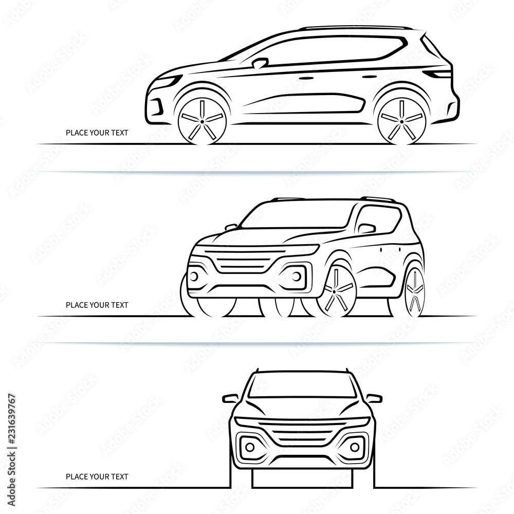 Set of vector car silhouettes, outlines, contours. Front, side and ...