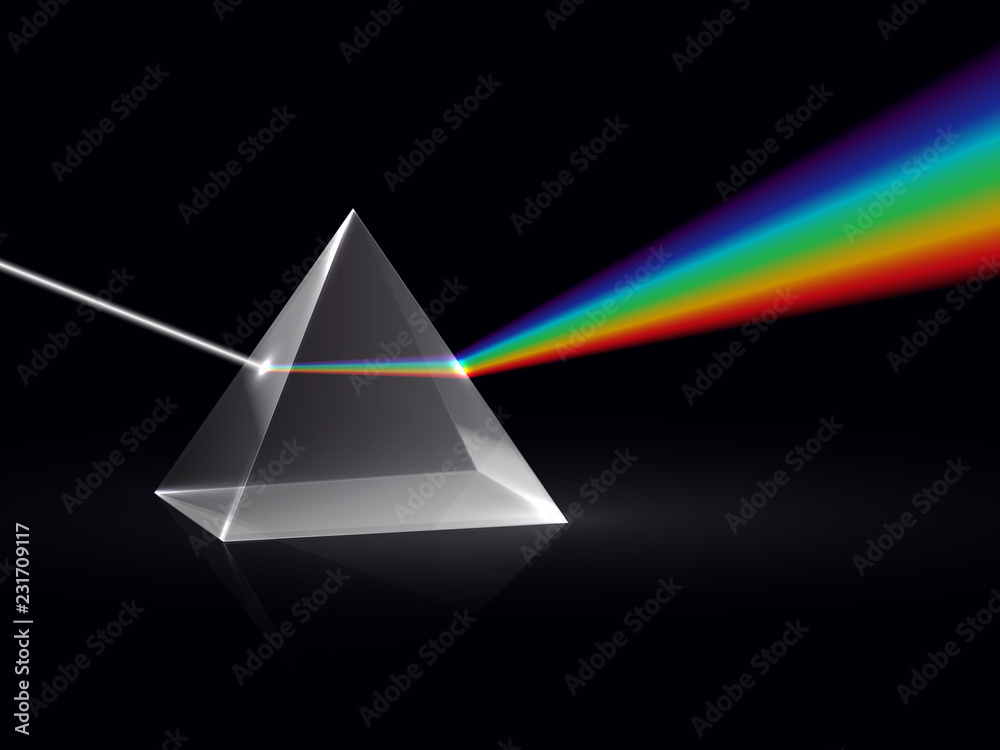 Light rays in prism. Ray rainbow spectrum dispersion optical effect in ...